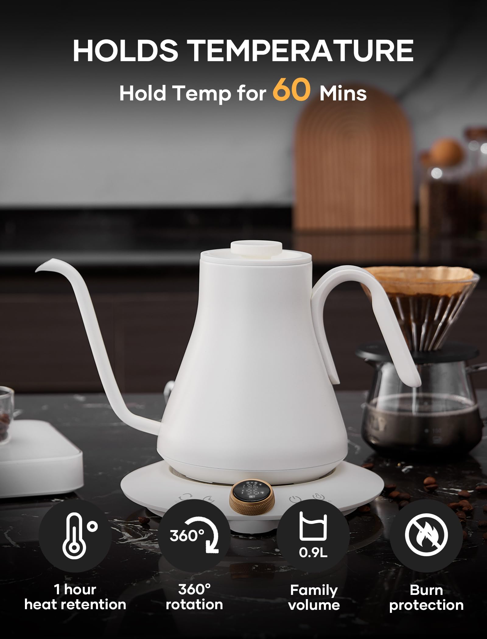 Cocinare Electric Gooseneck Kettle with Temperature Control, Pour Over Coffee & Tea, 1200W for 180-sec Quick Boil Time, Stainless Steel Kettle Water Boiler, 30oz/0.9L (White)