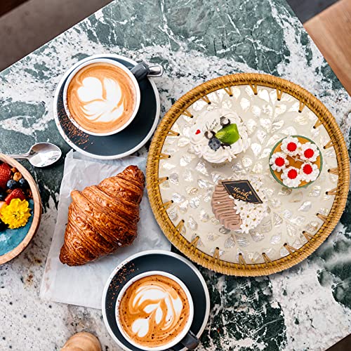 Frcctre 2 Pack Round Rattan Serving Tray with Mother of Pearl Inlay Wooden Base, Decorative Wicker Baskets Woven Serving Tray for Bread Fruit Food Coffee Breakfast, Storage and Display, 2 Sizes