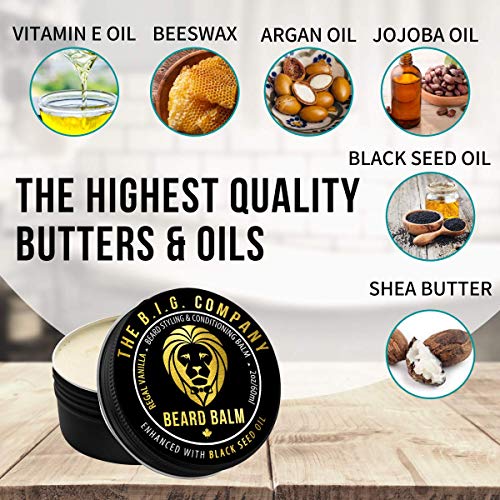 Beard Balm for Men - The B.I.G. Company - Beard Moisturizer & Conditioner with Beeswax for Medium Hold Styling Ease - Black Seed Oil & Argan Oil Supports Beard Growth [Classy Regal Vanilla Scent]