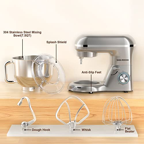 SASA ROCOO Stand Mixer 660W 6+P Speed Tilt-Head Electric Kitchen Mixer with 7.5 Qt Stainless Steel Bowl, Beater, Dough Hook, Whisk, Beater for Baking, Bagel, Cake, Pizza,Dishwasher Safe (silver)