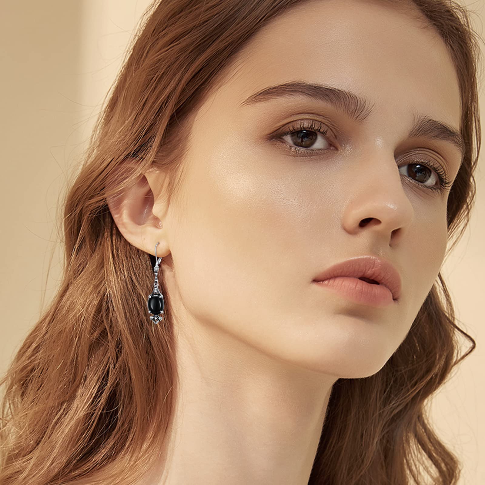 Black Onyx Earrings 925 Sterling Silver Gothic Vintage Oval 10mm Stone Dangle Drop Leverback Earrings for Women
