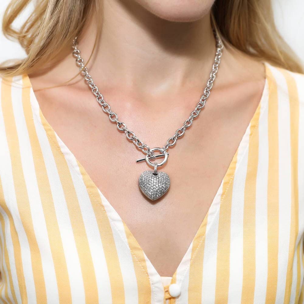 BERRICLE Heart Cubic Zirconia CZ Anniversary Toggle Pendant Necklace for Women, Silver-Tone