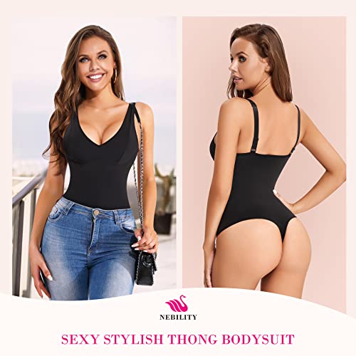 Nebility Women Waist Trainer Shapewear Slim Body Shaper Deep V Neck Thong Bodysuit Tummy Control Jumpsuit Tops (M, Black)