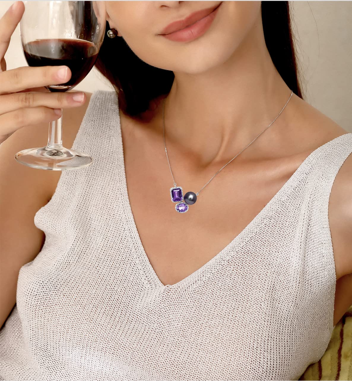CHAULRI Top Grade Tahitian Black Pearl & Amethyst Necklace - 18K Gold over Sterling - Adjustable 19" - Feb/June Birthstone, Ombre Effect