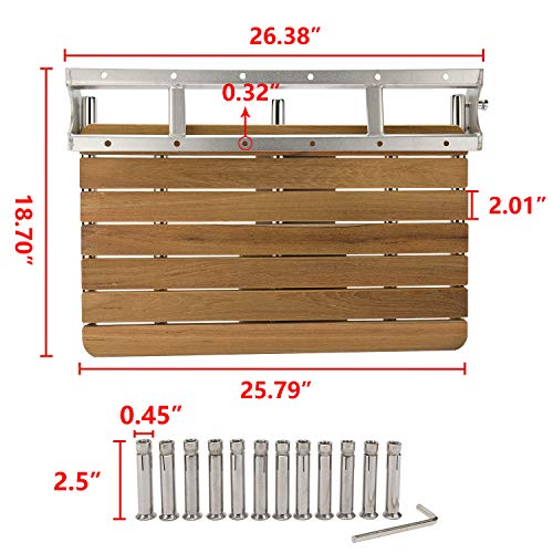 HYDDNice 26"x16" Wall Mounted Teak Folding Shower Seat Bench Bathroom Stool Solid Wood Fold Down & 316 Stainless Steel Accessories