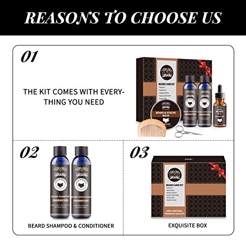 Beard Care Kit, Organic Beard Grooming & Growth Set with Beard Oil, Beard Balm, Beard Wash, Beard Conditioner, Beard Comb, Beard Scissors