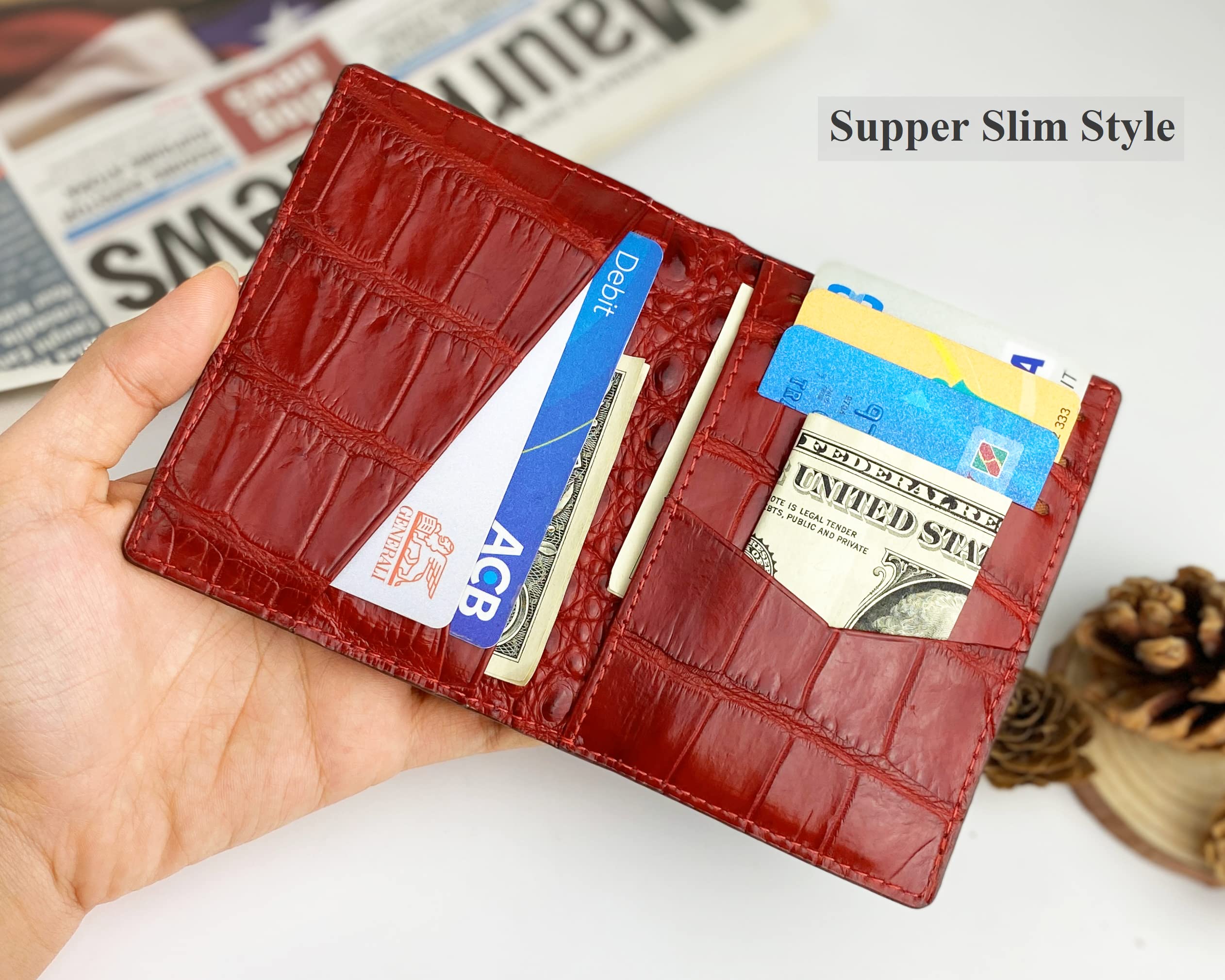 Black Red Slim Alligator Leather Card Holder Business RFID Blocking Men Two Tone Minimalist Crocodile Bespoke Wallet Double Side Handmade CARD-12