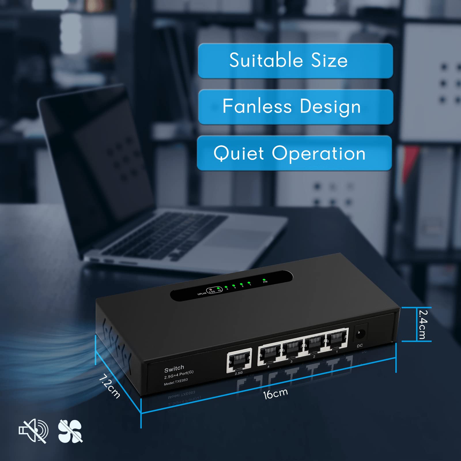 Cqenpr 2.5G Uplink Ethernet Switch,1×2.5G Uplink Port, 4×10/100/1000Mbps Ethernet Port, Multi-Gigabit Unmanaged PoE+ Switch, Plug & Play, Fan-Less Metal Design, Desktop/Wall-Mount.