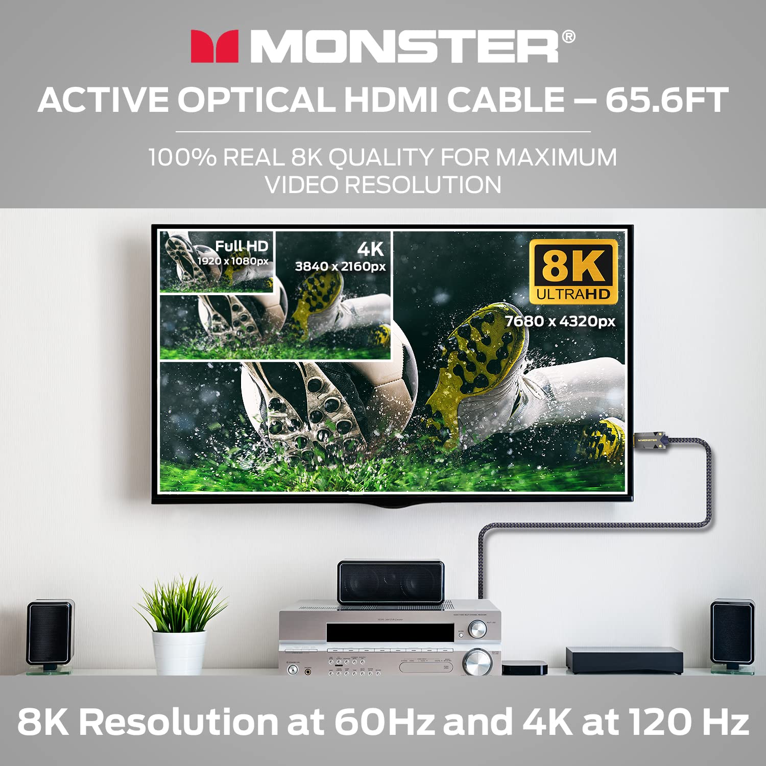 Monster M-Series Active Optical Lightwave Cable Certified Premium HDMI 2.1-48 Gbps Cable with Aluminum Extrusion Connector, V-Grip, Duraflex Protective Jacket - Supports 8K @ 60HZ, 4K @ 120HZ, 65.6 FT