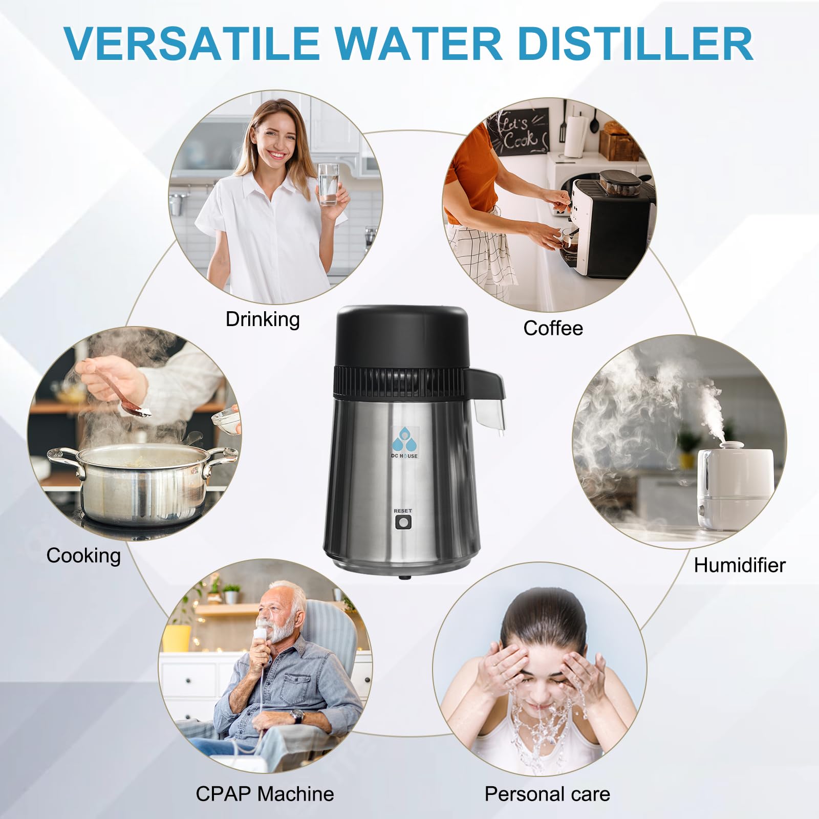 DC HOUSE 1Water Distiller, 304 Stainless Steel Home Countertop Distiller Water Machine, Distilled Water Maker, Distill Distilling Water Purifier Distillers to Make Clean Water