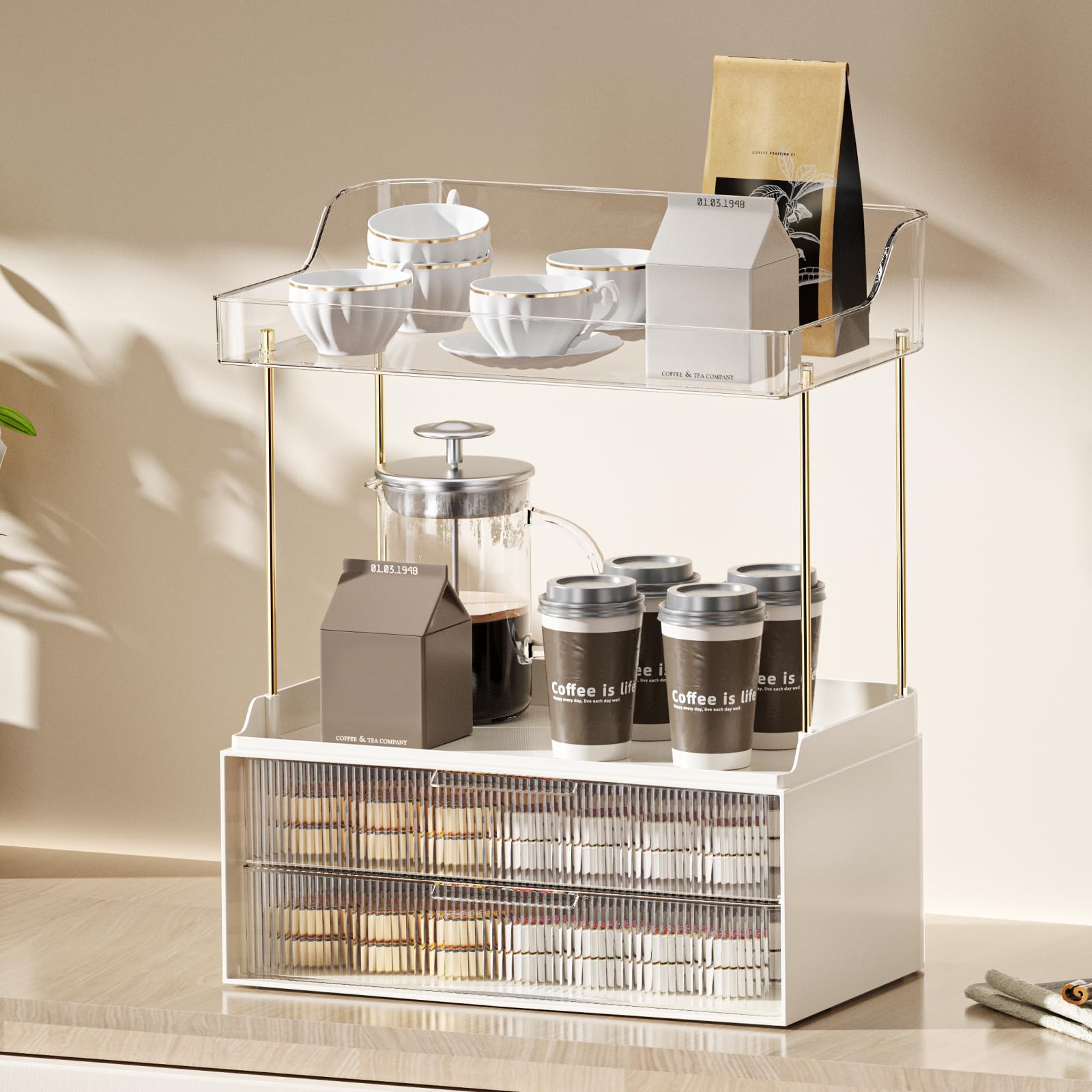 CISIREE Bathroom Countertop Organizer, 2 Tier 2 Drawer Large Skincare Organizers,Luxury Makeup Organizer Countertop,Exquisite Bathroom Vanity Organizer,Clear