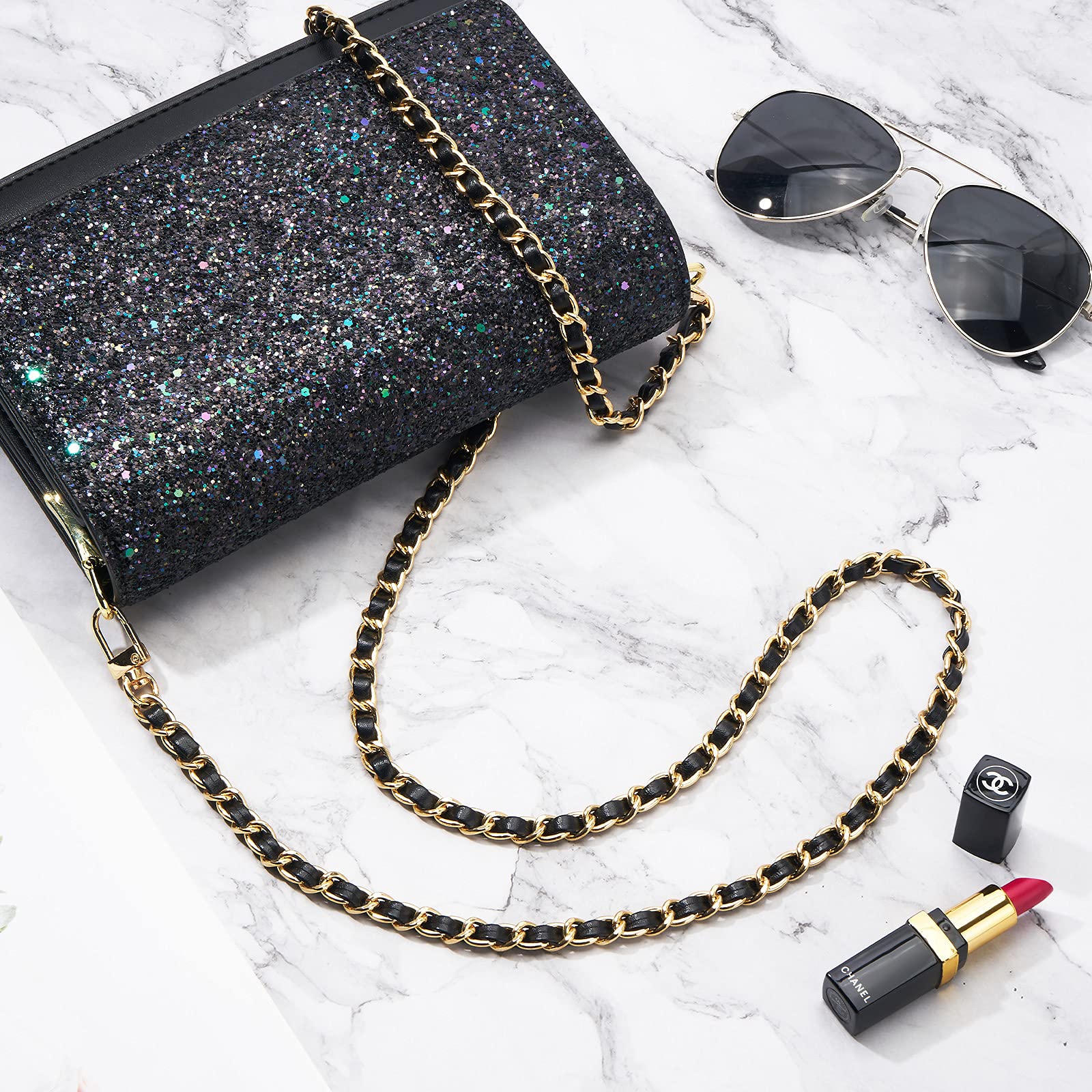 Metal Gold Chain Adjustable Replacement Strap Synthetic Leather Shoulder Bag Cross Body Bag Purse Handbag For Women -48Inch (Black)