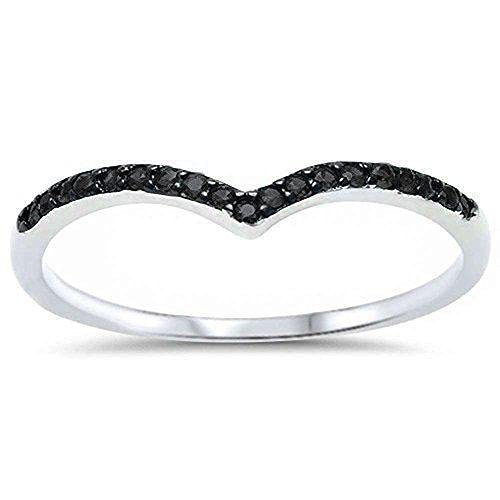 Blue Apple Co. Simulated Black CZ Size-5 New V-Shape Wedding Engagement Band Ring Round 925 Sterling Silver