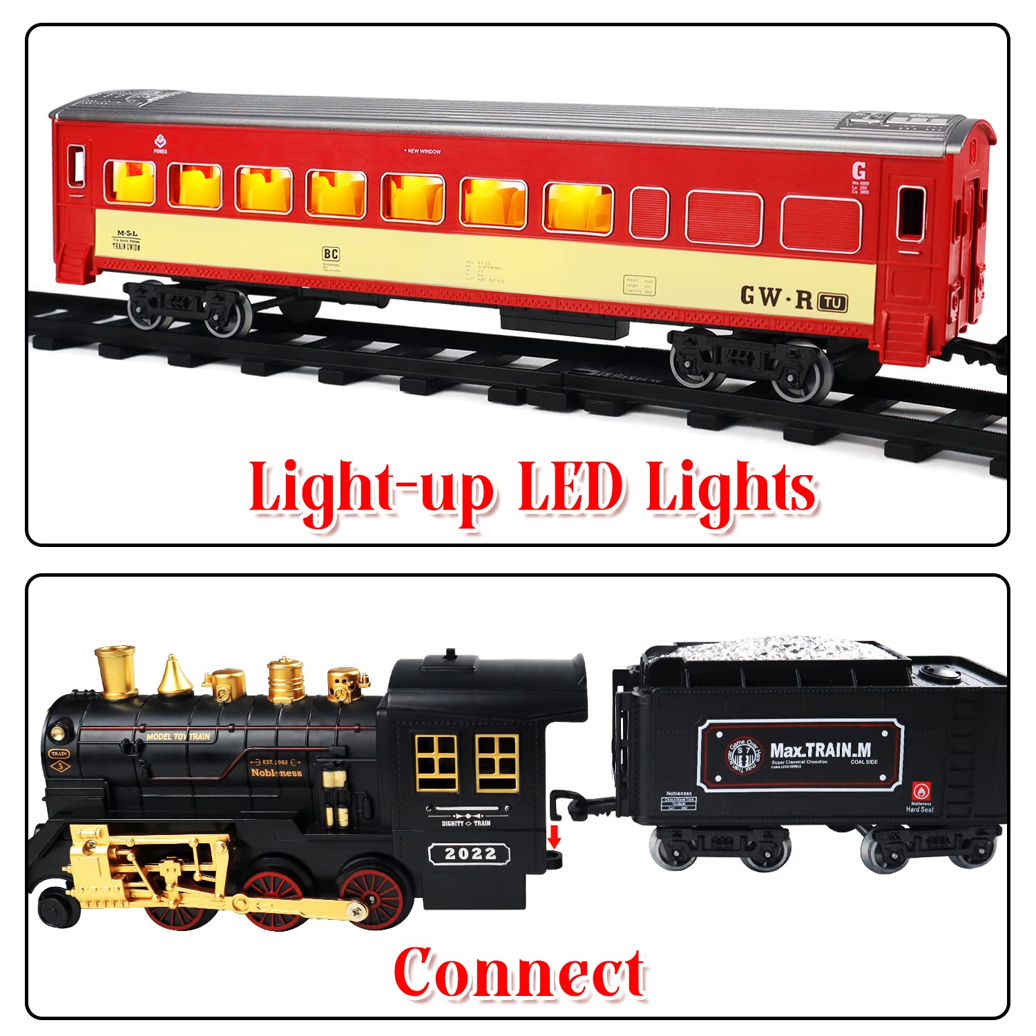 Train Set for Boys Girls - Electric Toy Train Including Passenger Coach with Lights, Steam Locomotive with Realistic Sounds & Headlight, Coal Car - Christmas Train Sets Under The Tree, Gift for Kids