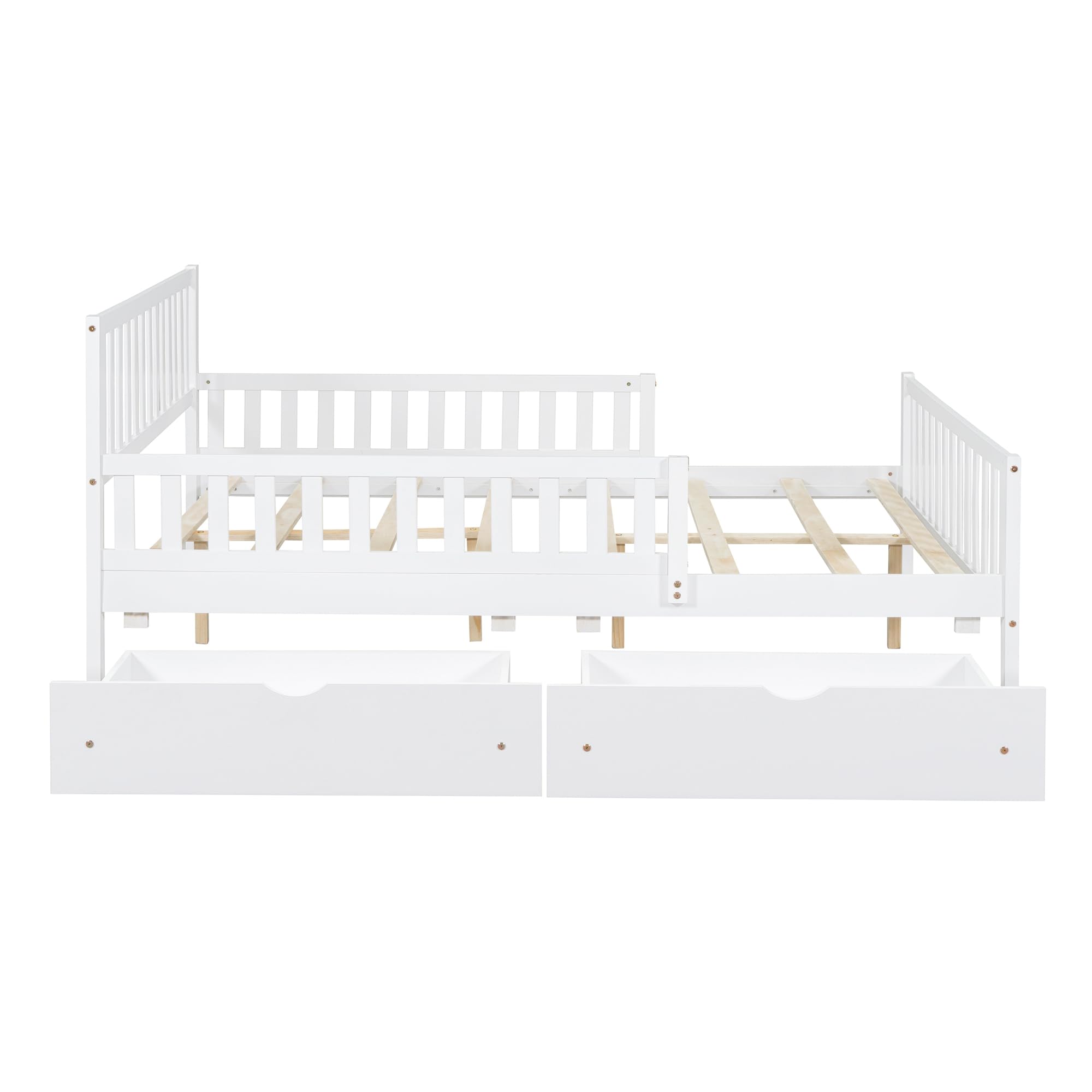 Full Bed Frame with Storage Drawers and Fence Rails, Wood Platform Beds with Headboard and Slat Support for Kids Boys Girls Teens, No Box Spring Needed, Full Size, White