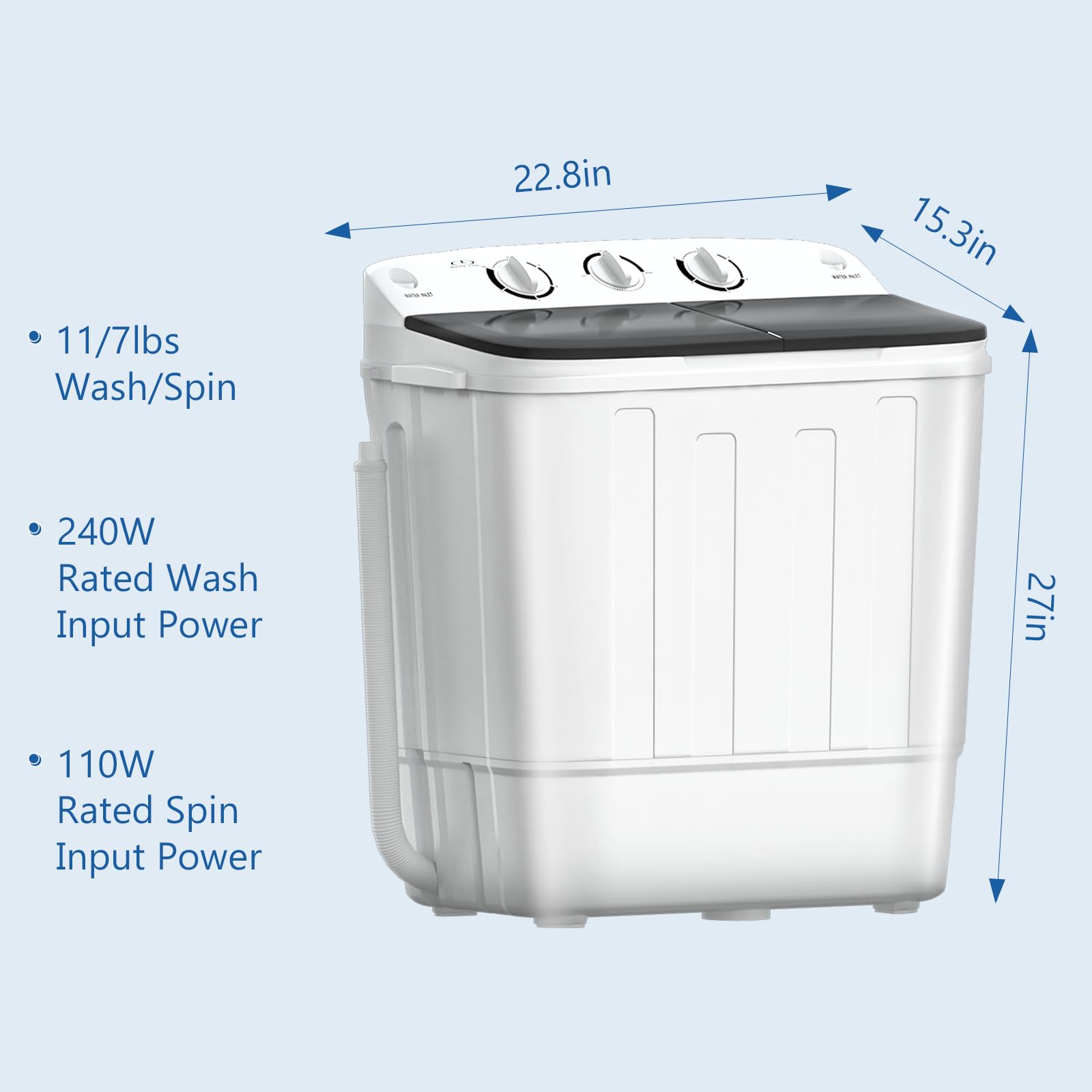 Doghly Compact Mini Twin Tub Washing Machine with Drying Rack, 11lbs Portable Laundry Washer and 7lbs Spinner, Convenient and Efficient for Dorms, Apartment (18lbs)