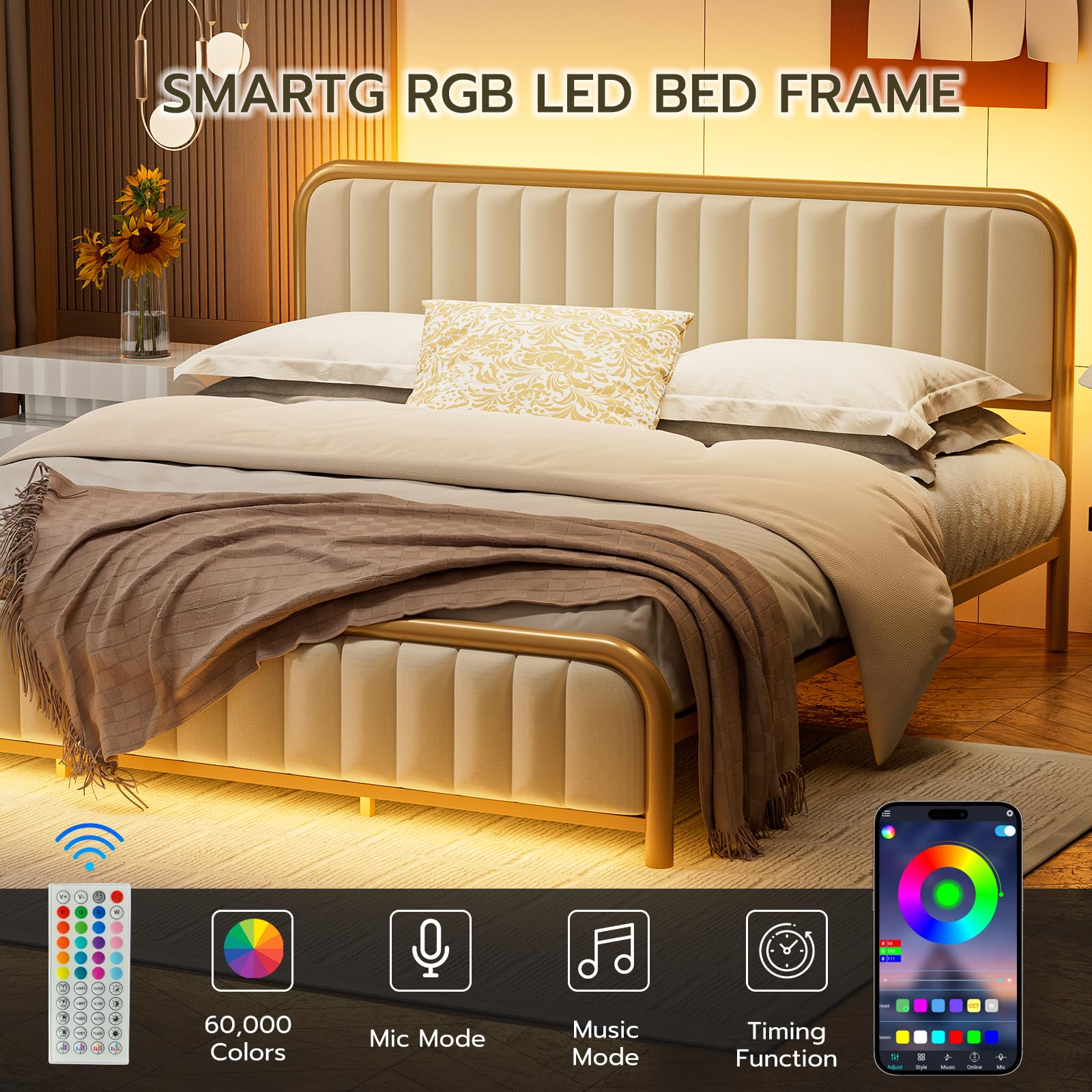 DOGIBIXO Queen Bed Frame with LED Lights, Upholstered Velvet Platform Bed Frame with Tufted Headboard and Footboard, Gold Metal Slats Support, Noise-Free, Easy Assembly, No Box Spring Needed, Beige