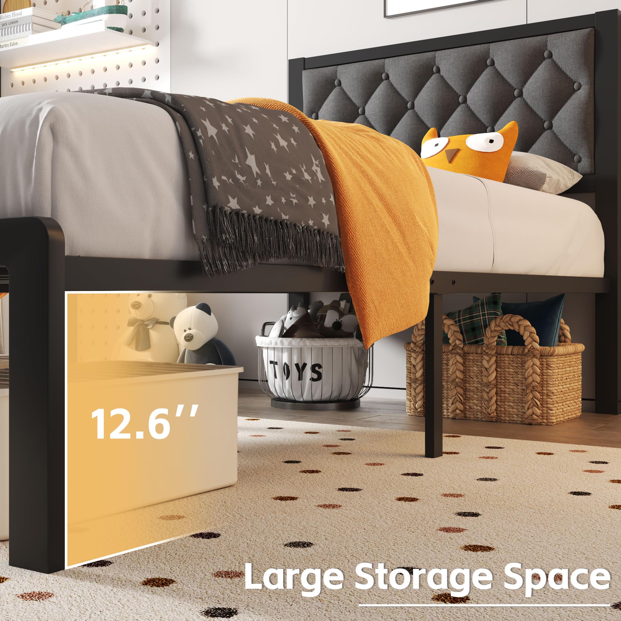 Fluest Full Bed Frame with Headboard PU Leather Upholstered Bed Frame Platform,All Metal Slats Support Platform Bed Frame with Storage Space,Easy Assembly,Noise Free,No Box Spring Needed,Grey