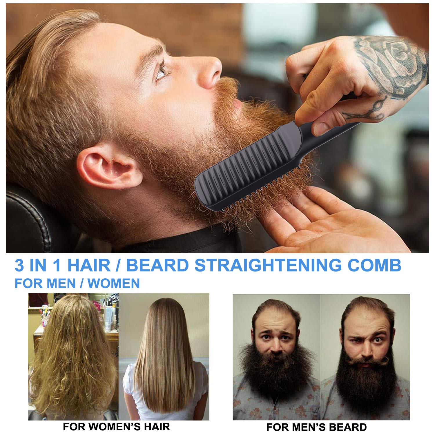 Beard Straightener Heated Beard Brush,Ionic Hair Beard Straightener Brush w/Free Beard Growth Oil/Beard Balm/E-Book Men Hair Straightener Beard Comb Beard Grooming kit for men Dad Him