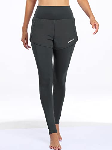 CADMUS 2 in 1 Women's Yoga Pants High Waisted Running Leggings for Women with Two Big Pockets,2 Pack, Black & Dark Grey, X-Large