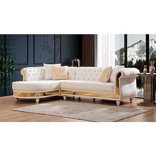 Galaxy Home Furnishings Julia Gold Detailed Tufted Upholstery Sectional Made with Wood in White