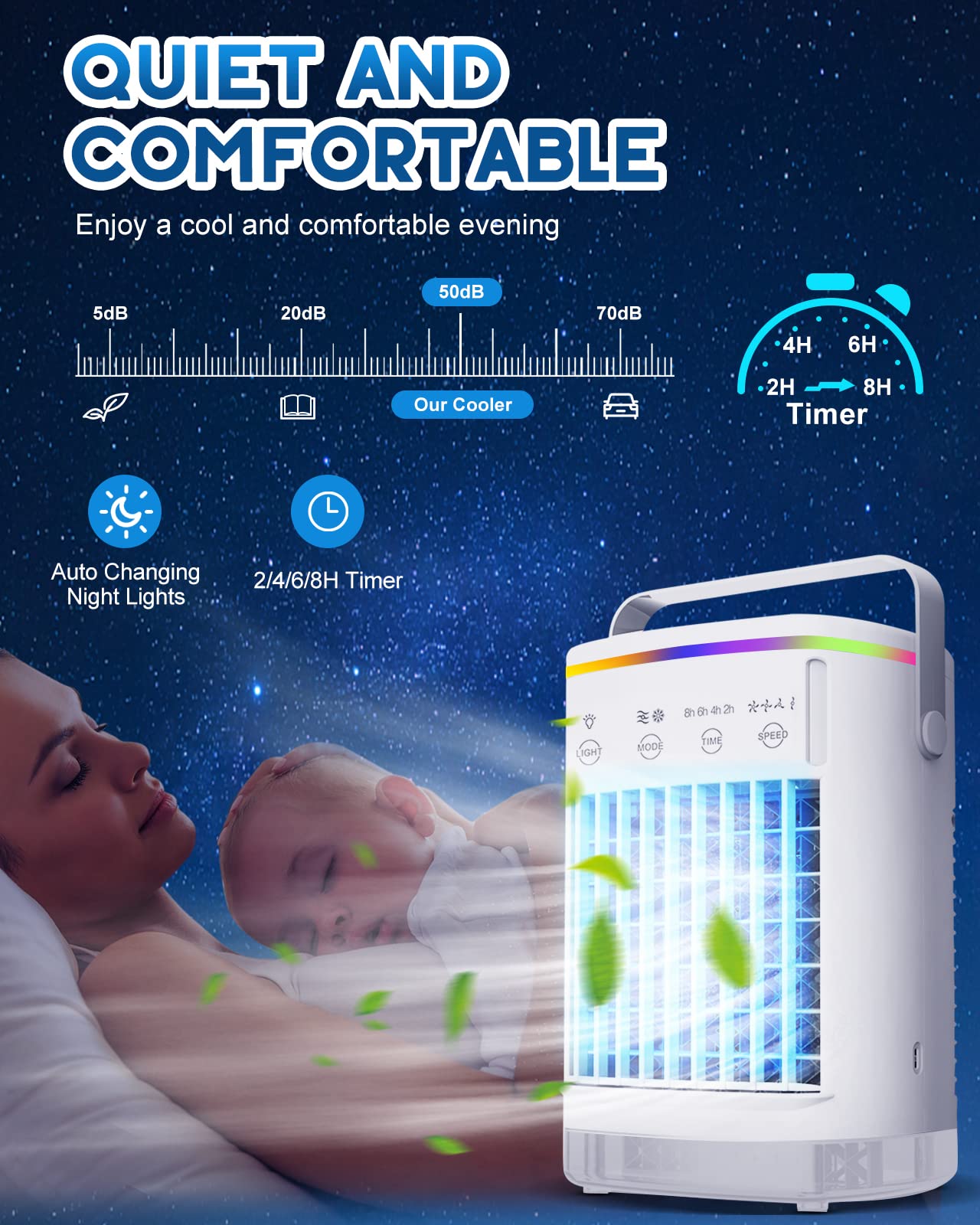 Portable Air Conditioners, 4 Speeds Evaporative Air Cooler Humidifier 600ML Waterbox Mini Air Conditioner, 2/4/6H Timer, 2 Misting Modes and LED Light, Perfect for Home Office Bedroom Camping