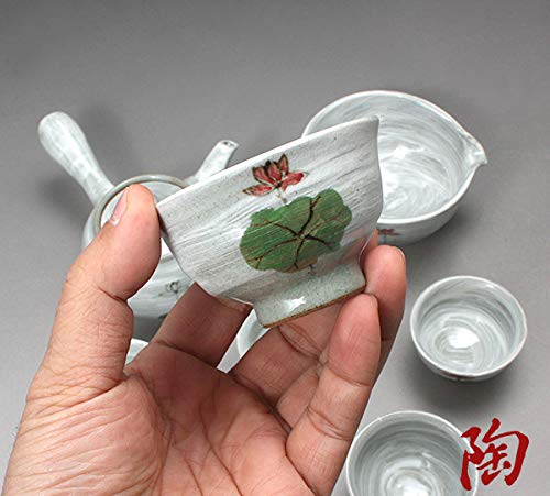 Korean Style Buncheong Porcelain Lotus Flower Tea Ceremony Complete Service Gift Set Ceramic Pottery 11.8 oz (350ml) Side Handle Tea Pot Cups Saucers Teapot Pitcher Bowl for Cooling Hot Water