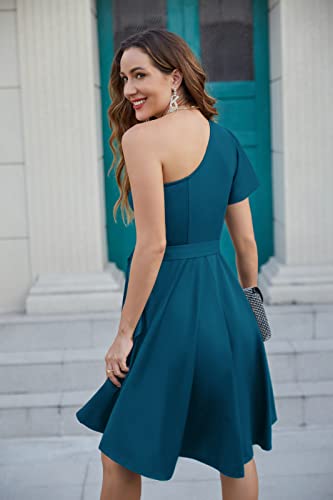 GRACE KARIN Women's One Shoulder Dress Flared Short Sleeve A-Line Cocktail Short Dress for Wedding Guest Teal Blue M