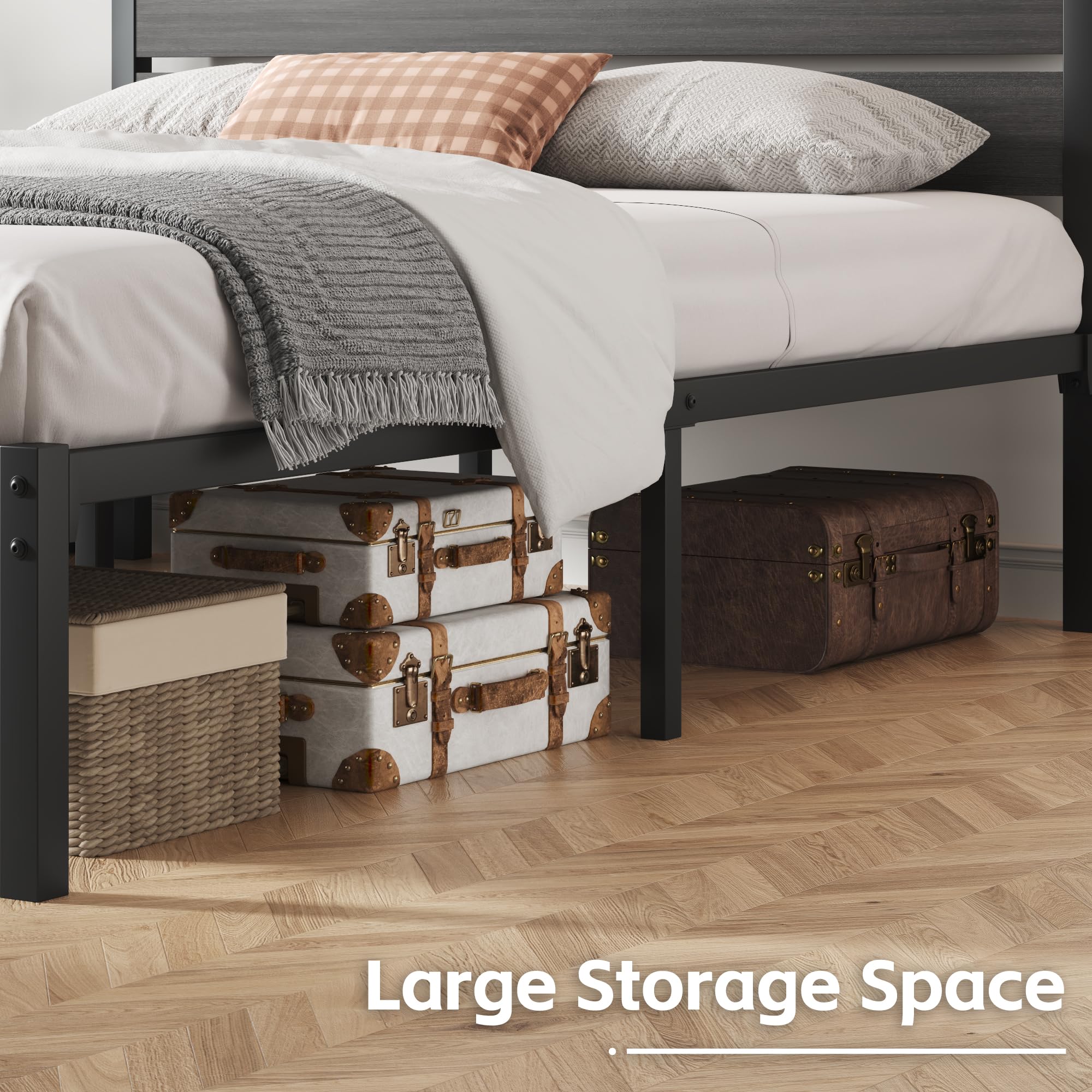 Fluest Queen Bed Frame with Headboard and Footboard, Metal Platform Bed Frame with Under Bed Storage, All-Metal Support System, No Box Spring Needed, Easy Assembly,Rustic Grey