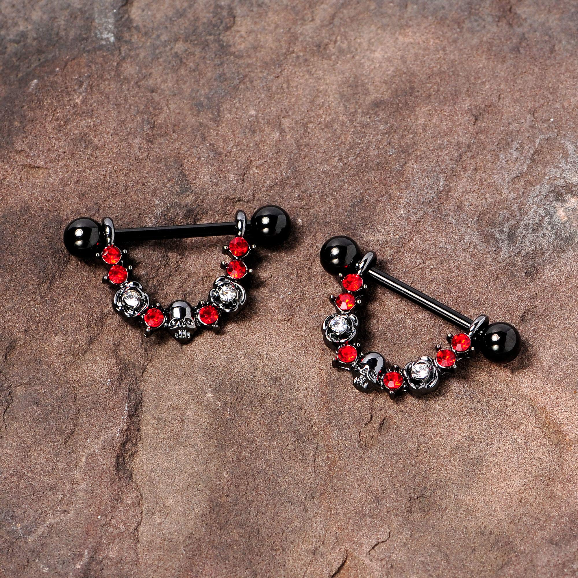 Body Candy 14G Womens Nipplerings Piercing Steel 2Pc Black Red Accent Rose Skull Dangle Nipple Ring Set 5/8"