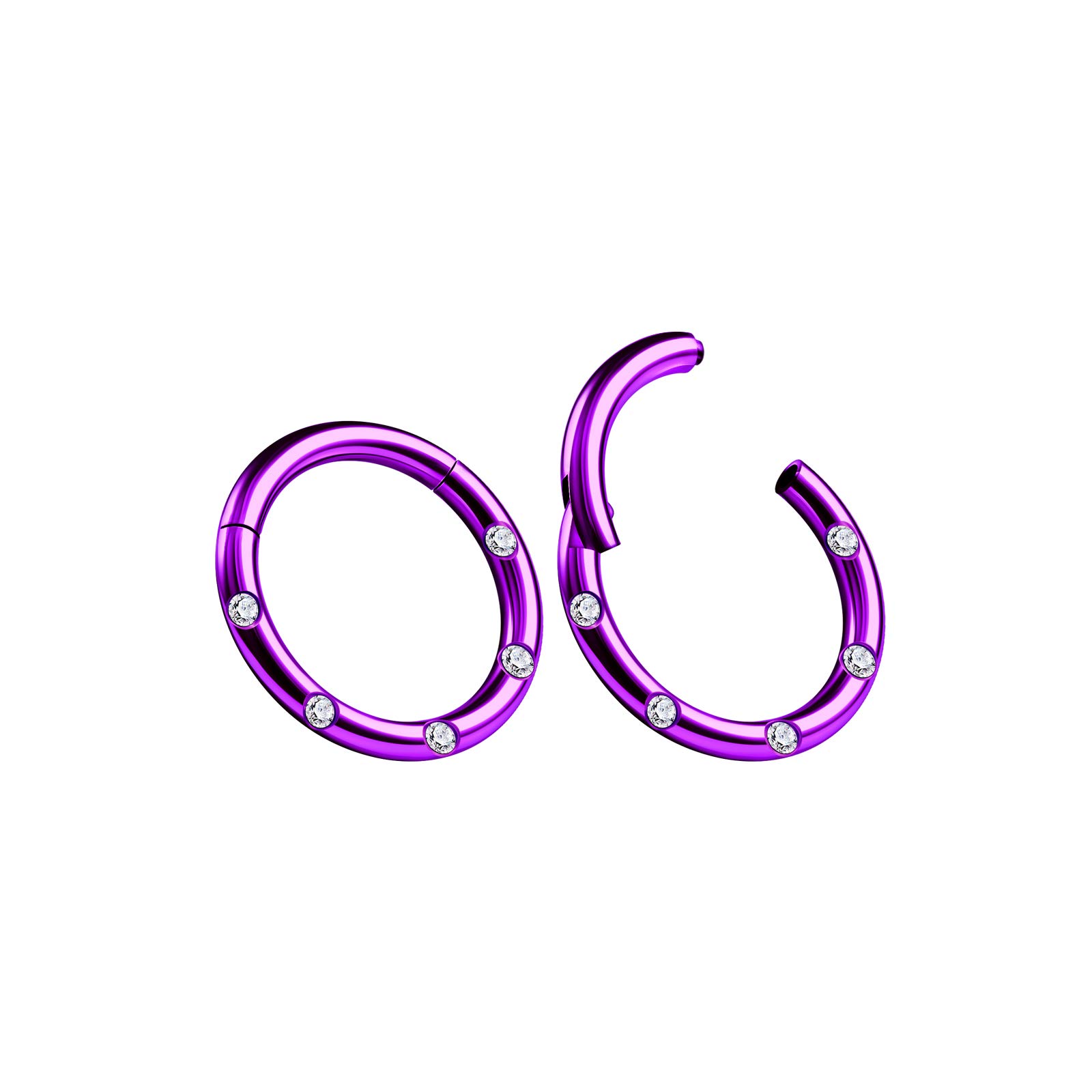 BIG GAUGES Pair of Purple Anodized 16gauges 1.2mm 6mm CZ Stones Hinged Segment Nose Hoop Ring Cartilage Septum Tragus Piercing BG7307