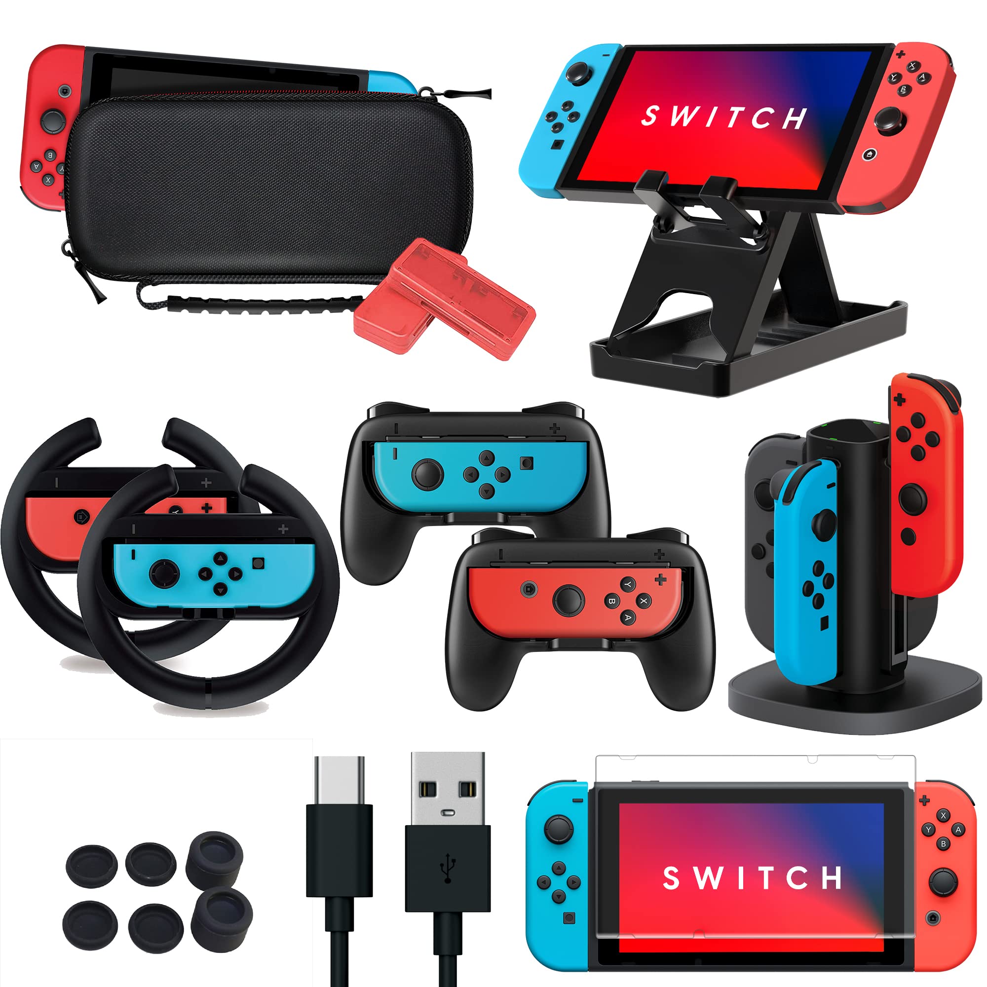 TalkWorks Super Combo Pack Accessories for Nintendo Switch - 2 Grips, 2 Wheel Controller Grips, 2 Game Card Holders, 1 Charging Dock, Thumb Grips, USB-C Cable, Switch Stand, Screen Protector