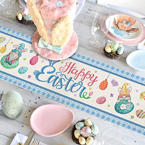 Easter Table Runner, Happy Easter Runner, Easter Bunny Eggs and Gnomes Blue Truck with Tulip Flowers Table Runners 72 Inches Long, Blue Buffalo Plaid Small Coffee Table Cloth for Home Dining Room