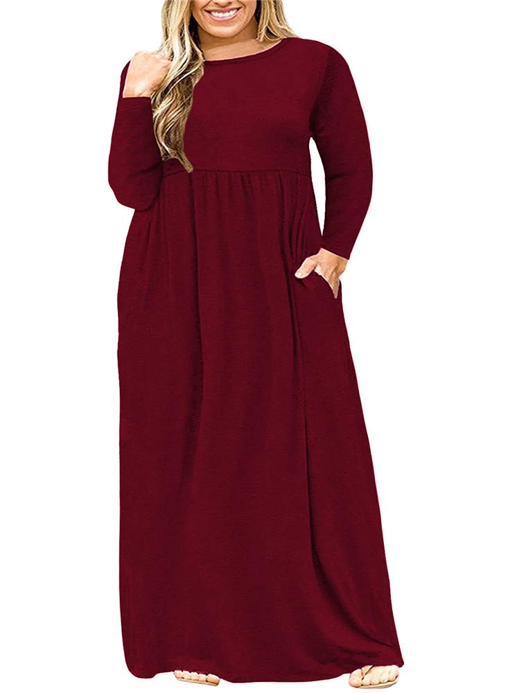 BISHUIGE Womens XL-6XL Casual Plus Size Maxi Dresses with Pockets 2XL, Wine Red