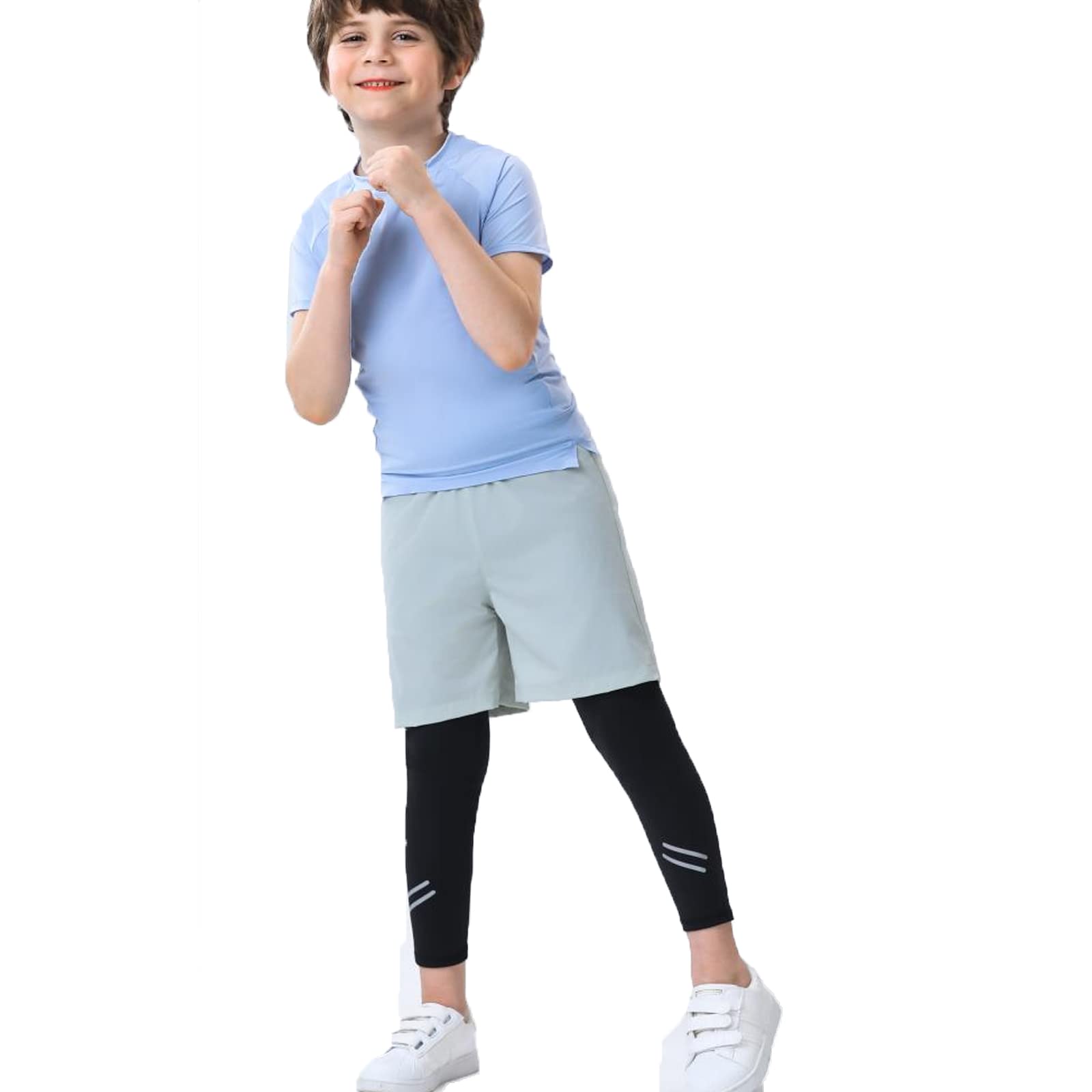 Badeke Boys 2 in 1 Running Compression Pants,Quick Drying Breathable Training Exercise Pants, Workout Athletic Legging Pants(Grey)
