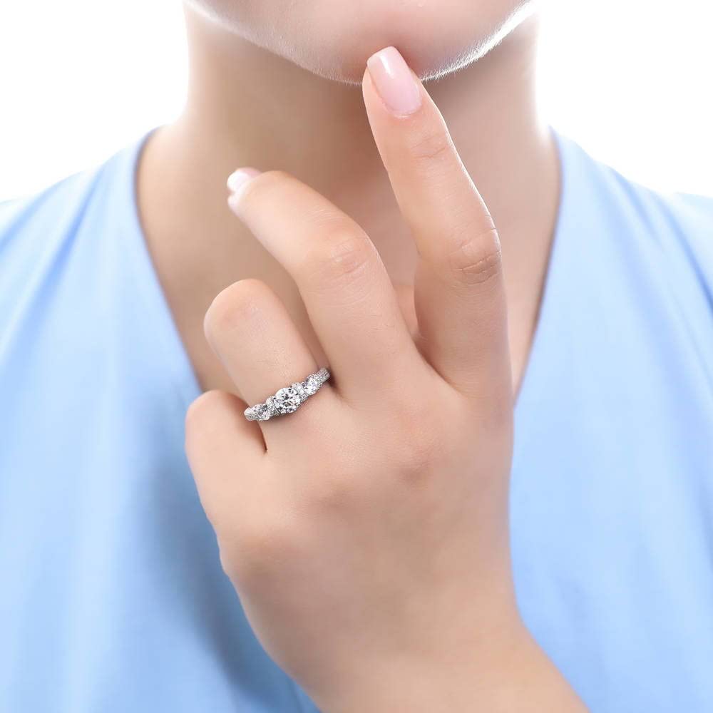BERRICLE Sterling Silver 3-Stone Wedding Engagement Rings Round Cubic Zirconia CZ Art Deco Promise Ring for Women, Rhodium Plated Size 9