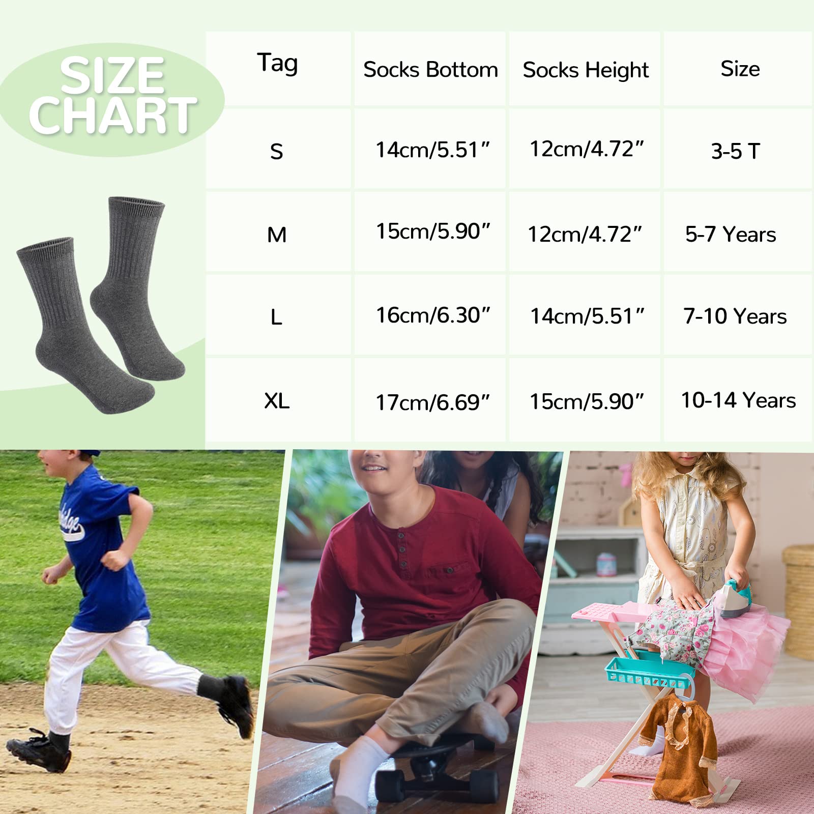 BOOPH 6 Pairs Boys Athletic Crew Socks Ankle Socks for Kids W-Gray 10-14 Years