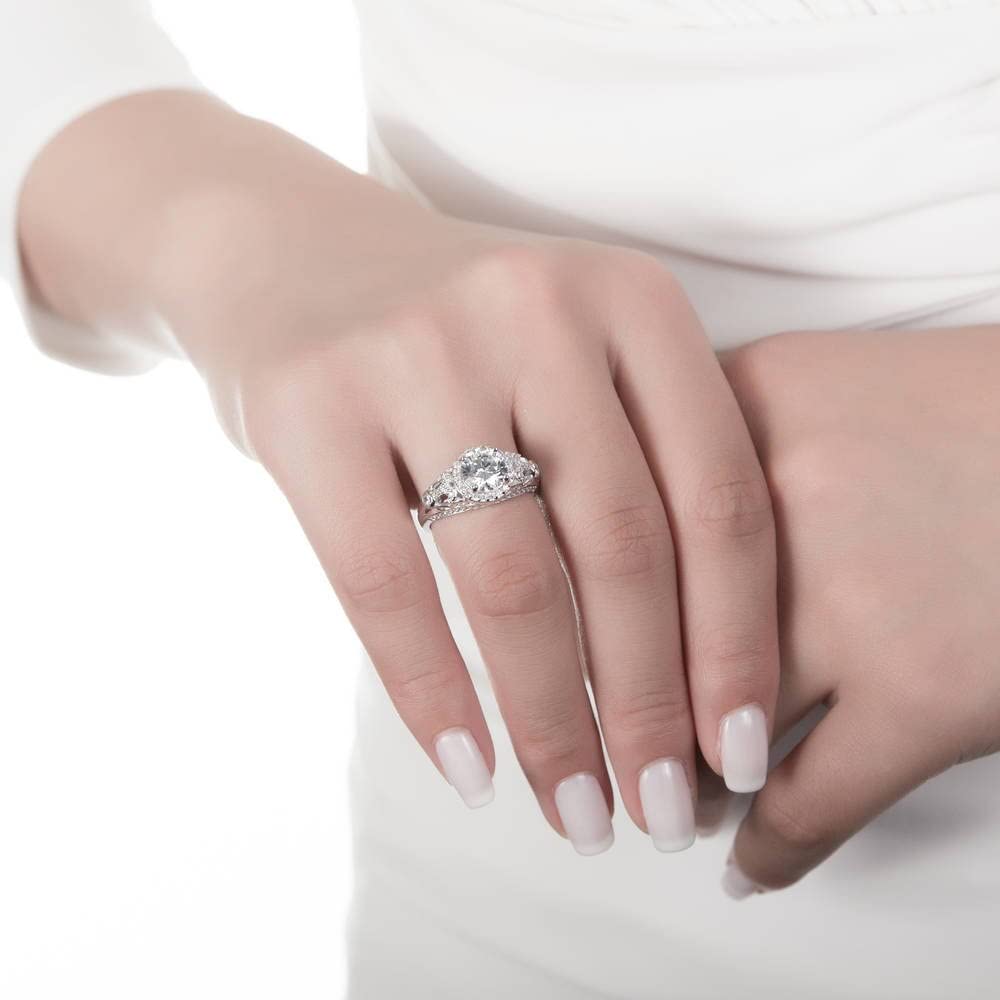 BERRICLE Sterling Silver Halo Wedding Engagement Rings Round Cubic Zirconia CZ Art Deco Ring for Women, Rhodium Plated Size 5
