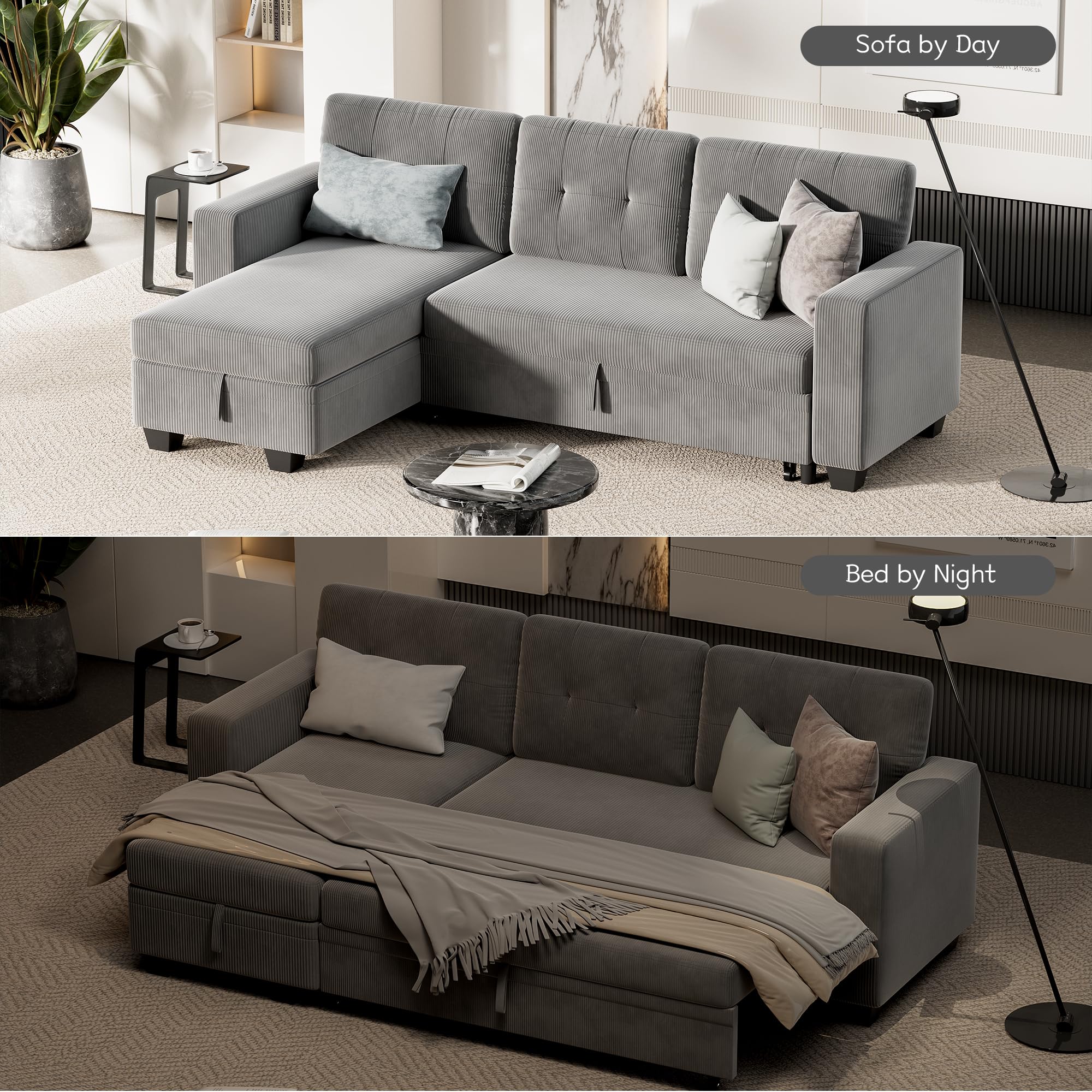 Furmax Sleeper Sofa, Sofa Bed L Shaped Sectional Couch with Reversible Storage Chaise Lounge, Modern Fabric Pull Out Couch & Couch Bed for Living Room Small Space (Grey)