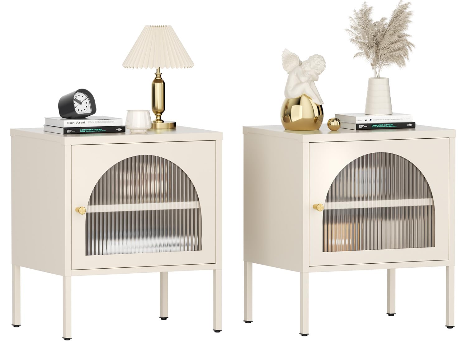 Fluted Bed Side Table Nightstand Set of 2 - Mid-Century Modern White Night Stand with Corrugated Tempered Glass, Steel Frame, Storage Shelf End Table for Small Space