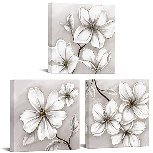 sechars 3 Piece Flower Wall Art White and Gold Floral Canvas Print with Wood Frame Vintage Still Life Painting for Bedroom Bathroom Decor Stretched Canvas Ready to Hang (White, 12"x12"x3pcs)