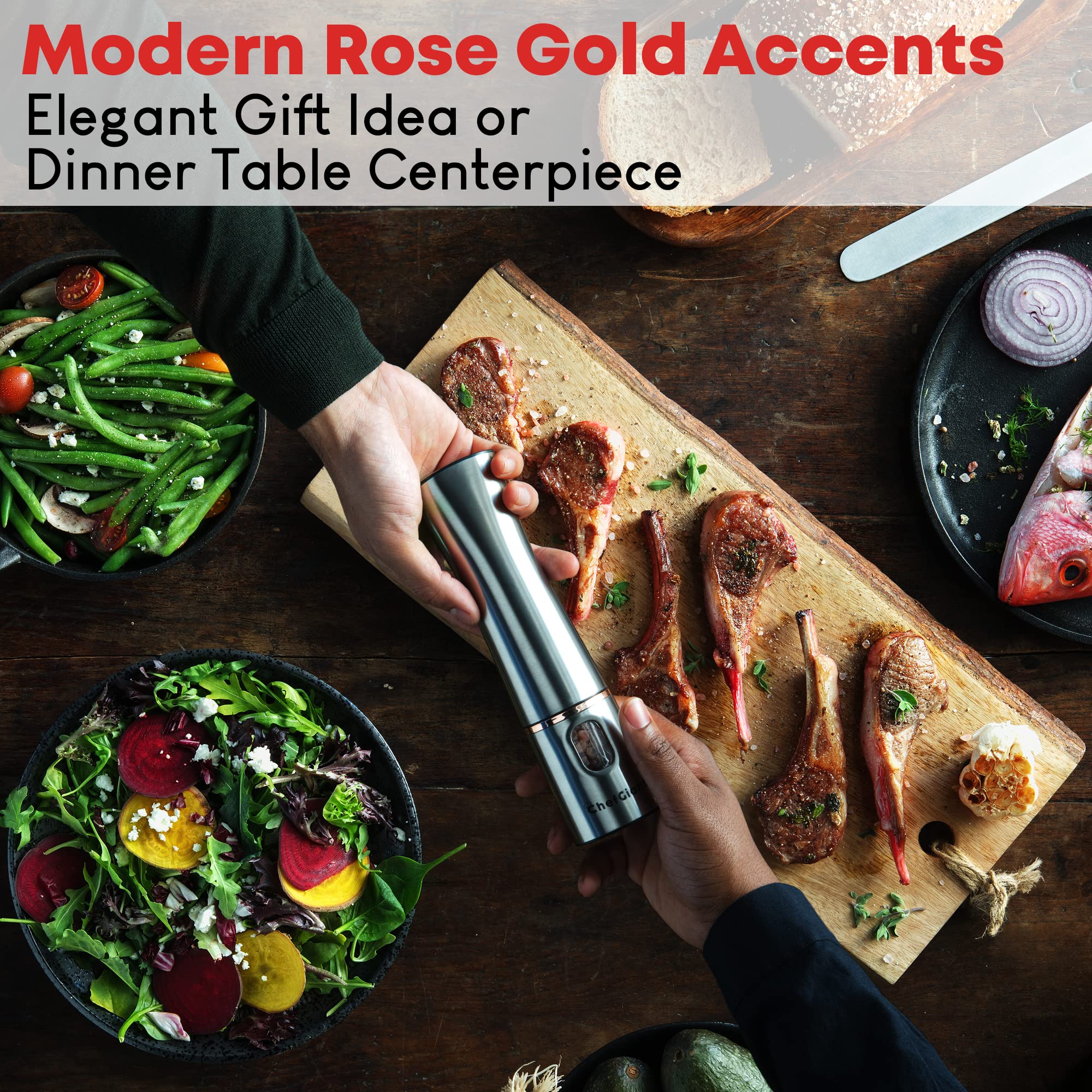 ChefGiant Electric Salt and Pepper Grinder Set - Rose Gold & Stainless Steel One Hand Operated Adjustable Coarseness Mill with LED Light, Batteries, Measuring Spoon & Brush