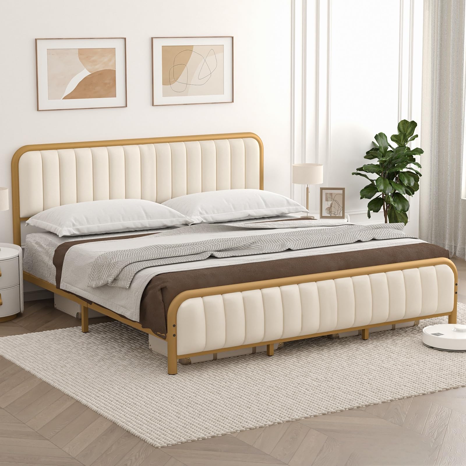 DOGIBIXO Queen Bed Frame with LED Lights, Upholstered Velvet Platform Bed Frame with Tufted Headboard and Footboard, Gold Metal Slats Support, Noise-Free, Easy Assembly, No Box Spring Needed, Beige