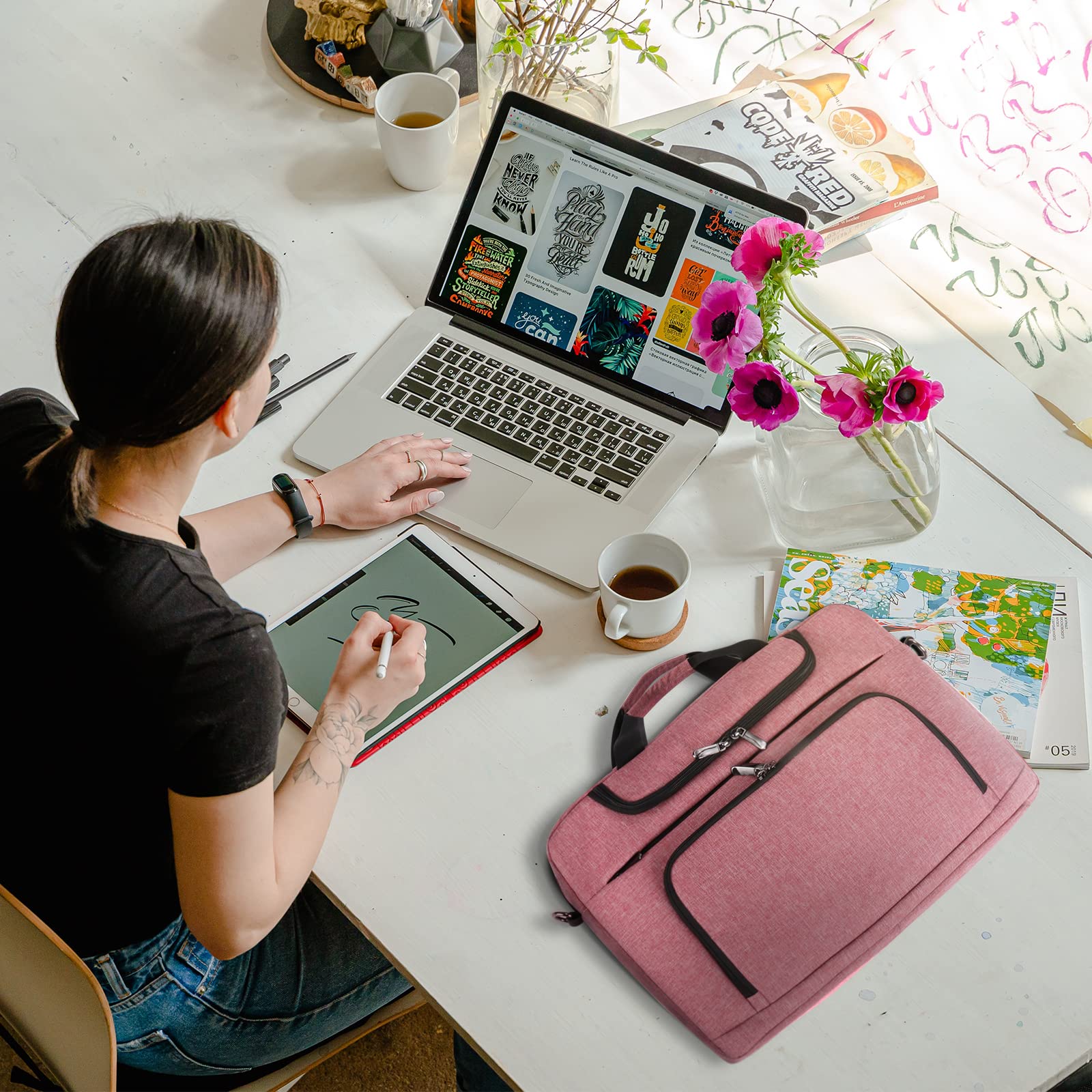 BERTASCHE Laptop Bag 17.3 inch for Women Computer Bag Laptop Case for Work Travel Business Briefcase w/Shoulder Strap,Rose Red