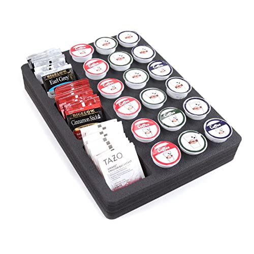 Coffee Pod and Tea Bag Organizer Drawer Tray 10.9 x 14.9 Holds 18 Fits Keurig K-Cup Fits Most Standard Tea Packets (Up to 3" wide) Durable High Density Waterproof Foam
