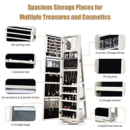 MAT EXPERT 360 Rotating Jewelry Armoire with Mirror, Freestanding Jewelry Storage Mirror w/78 Ring Slots, 24 Necklace Hooks, 120 Earring Slots, Lockable Standing Jewelry Organizer for Makeup (White)