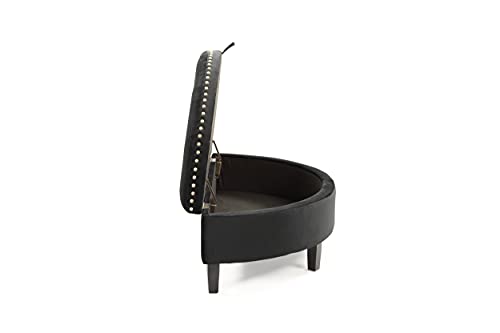 Iconic Home Jacqueline Half Moon Storage Ottoman Button Tufted Velvet Upholstered Gold Nailhead Trim Espresso Finished Wood Legs Bench Modern Transitional Black