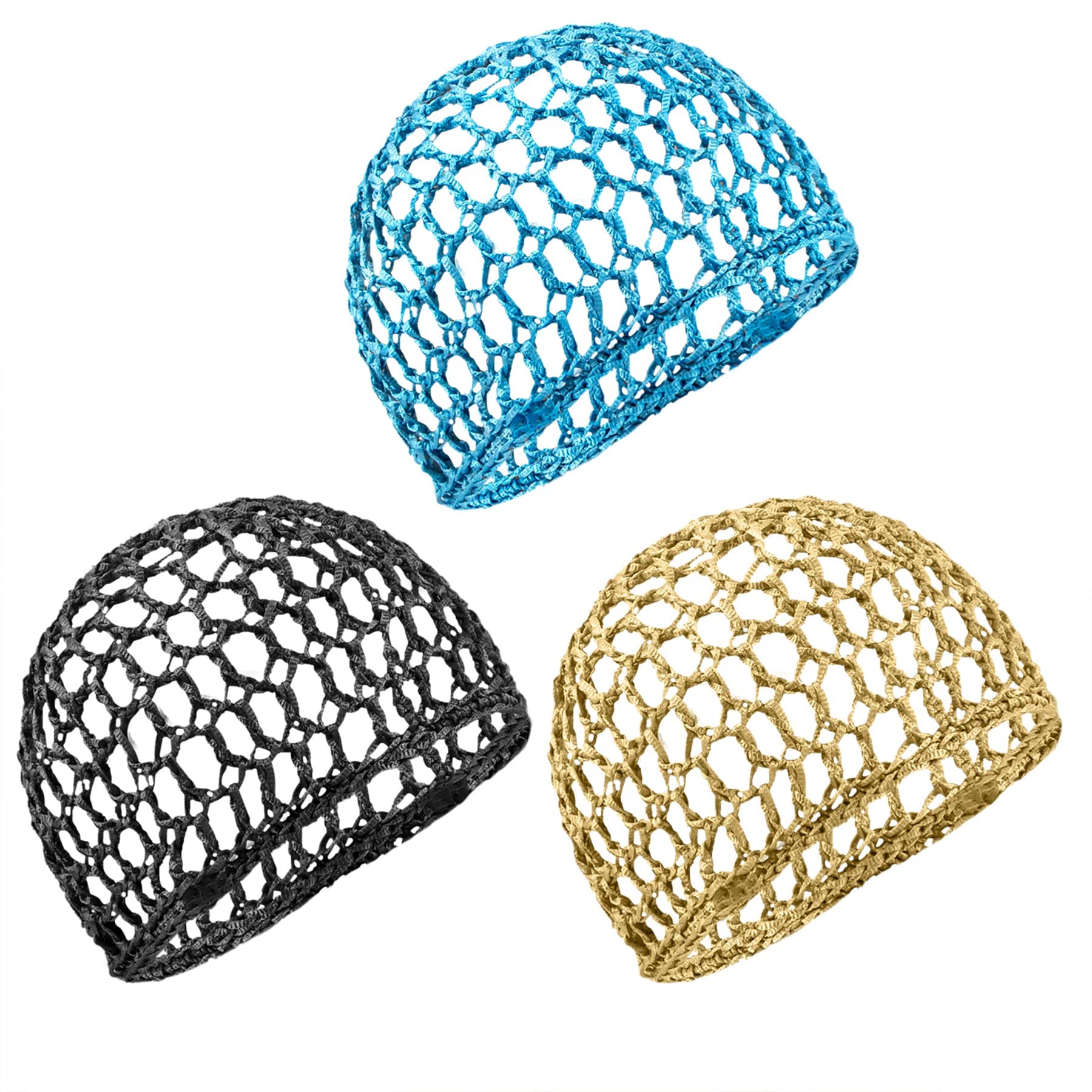 Framendino, 3 Pack Mesh Crochet Hair Net Rayon Knit Snoods Hat Thick Hairnet Snood Cover Ornament for Night Sleeping Hair Accessories (Blue & Black & Khaki)