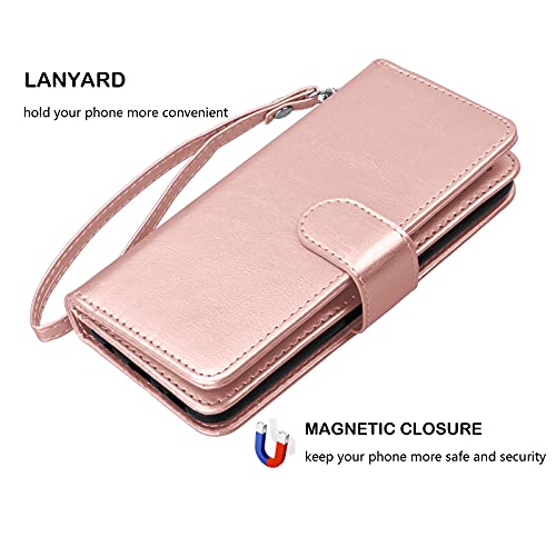 NJJEX Compatible with iPhone 13 Mini Case/iPhone 13 Mini Wallet Case 5.4" (2021), [9 Card Slots] PU Leather Credit Holder Folio Flip [Detachable] Kickstand Magnetic Phone Cover & Lanyard [Rose Gold]