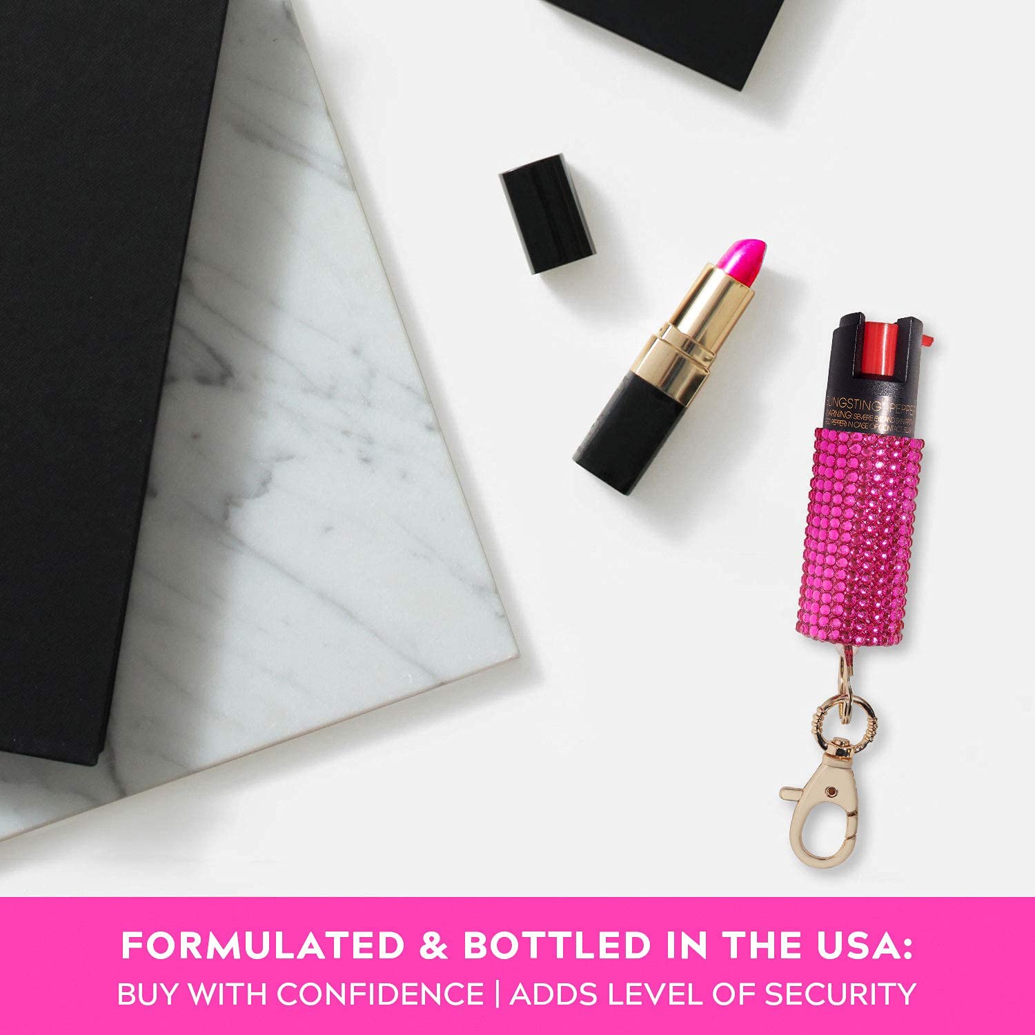 BLINGSTING Pepper Spray for Women - Maximum Strength OC Self Defense Spray - 12 ft Range - UV Marking Dye for Police ID - Swipe Safety Lock - Compact & Fashionable Keychain - Pink (2 Pack)